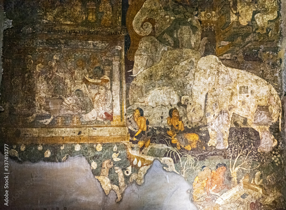 Fresco paintings of Ancient Ajanta Buddhist caves predominantly ...