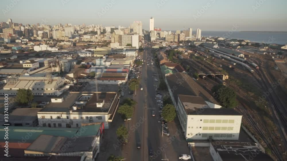 Car traffic and architecture of Maputo downtown seen from Golden Bridge ...