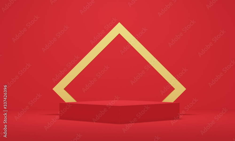 Square platform with a golden frame in a red room. 3d rendering Stock ...