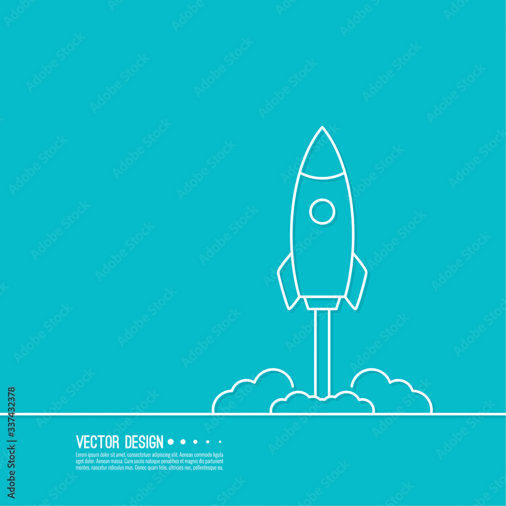 Vector icon of flying spaceship. Rocket ship logo taking off on blue ...