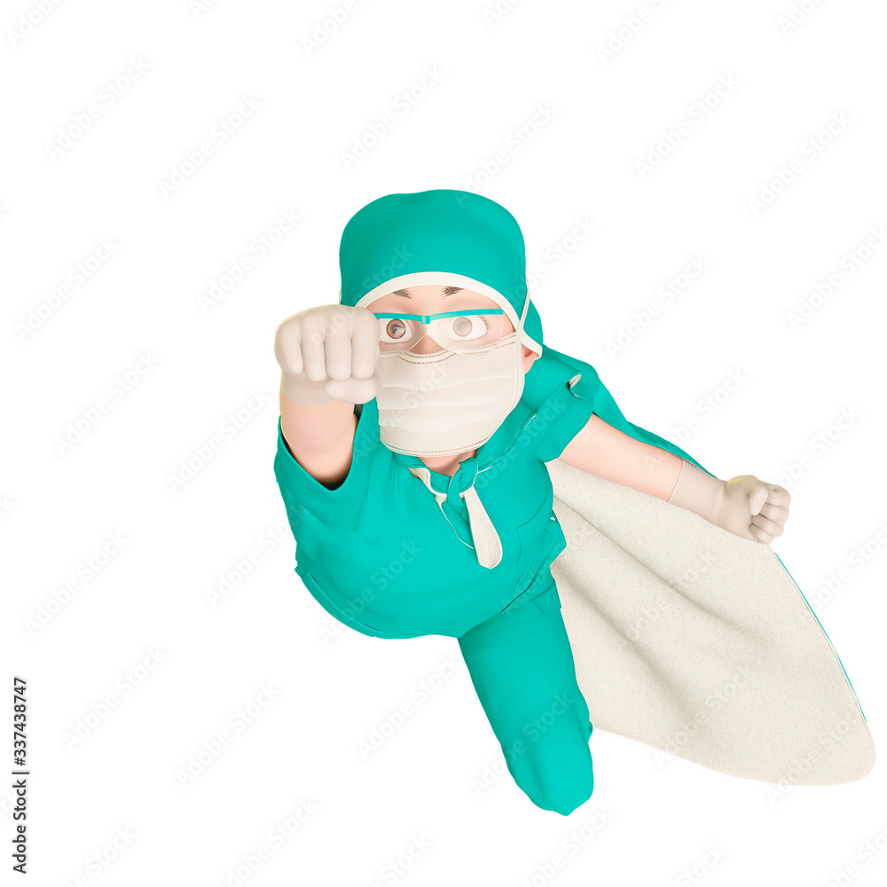 super doctor cartoon is flying up in white background drone view Stock ...