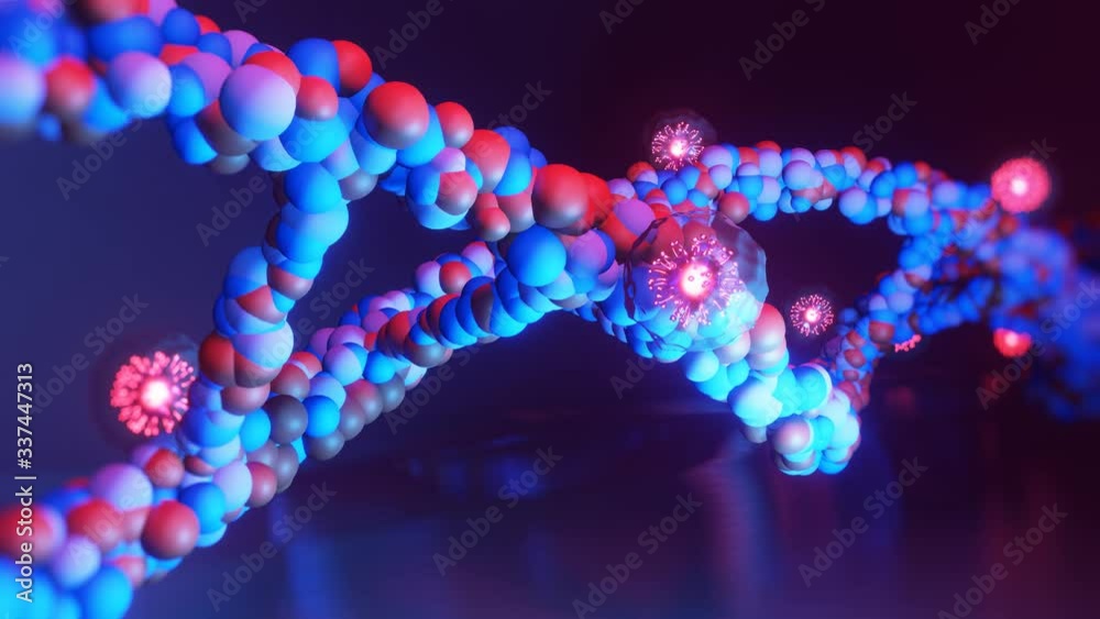 3D animation with the movement of DNA in space with attached molecules ...