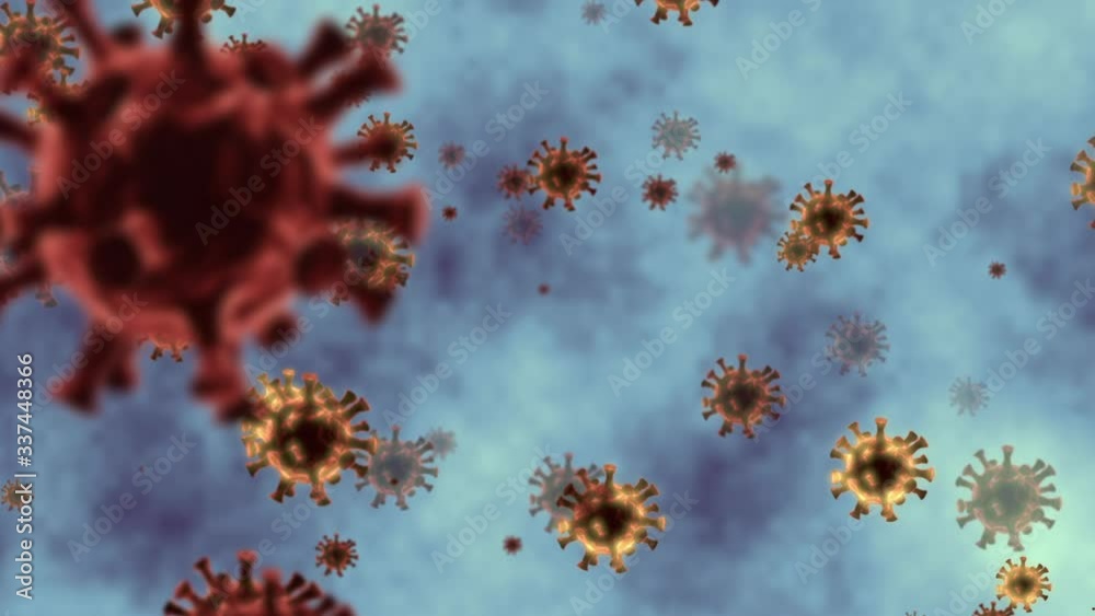Coronavirus covid 19 sars 3d render animation. Microscope virus close ...