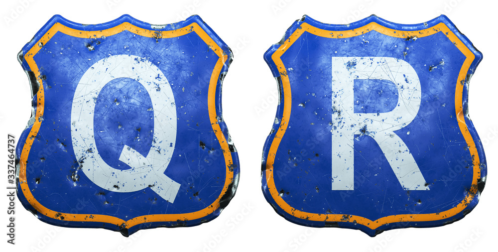 Set of Public road signs in blue and orange color with a capitol white ...