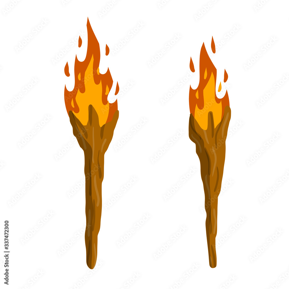 Torch on stick. Primitive weapon. Burning club. Cartoon flat ...