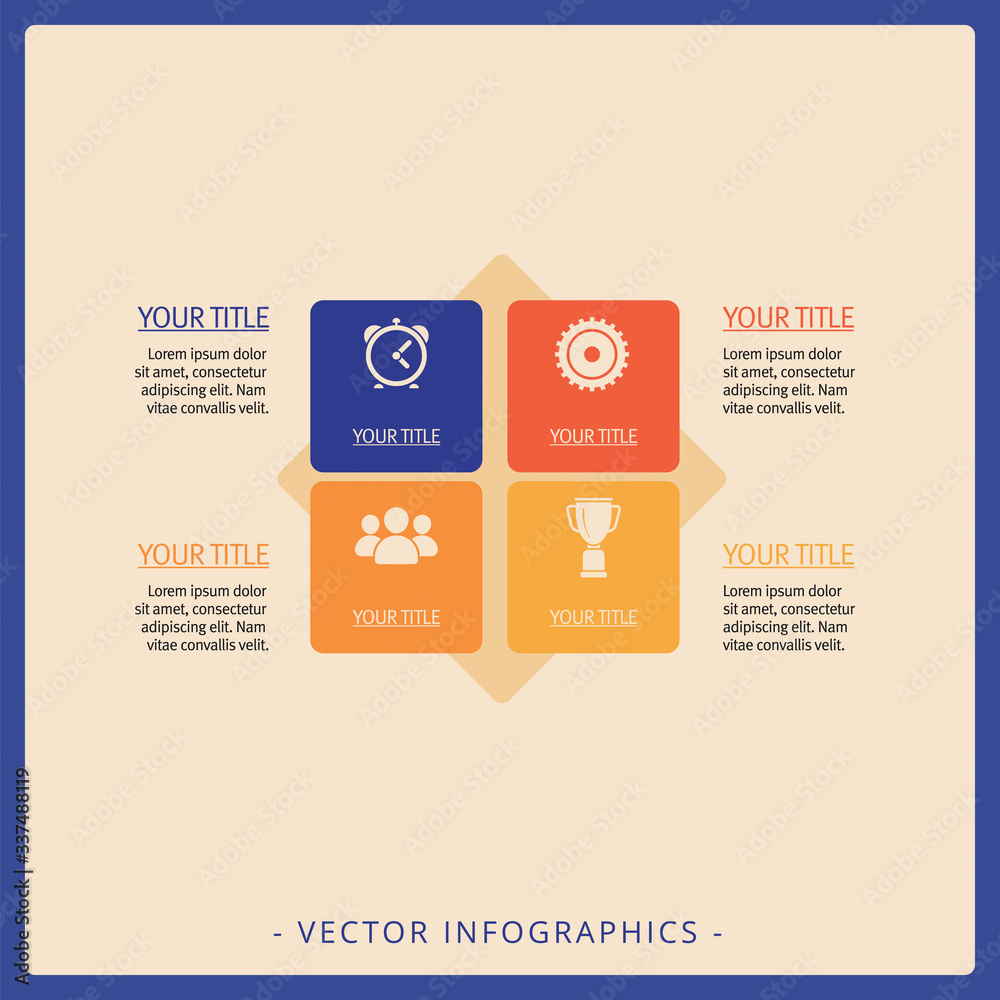 Editable infographic template of diagram with four square blocks, icons ...