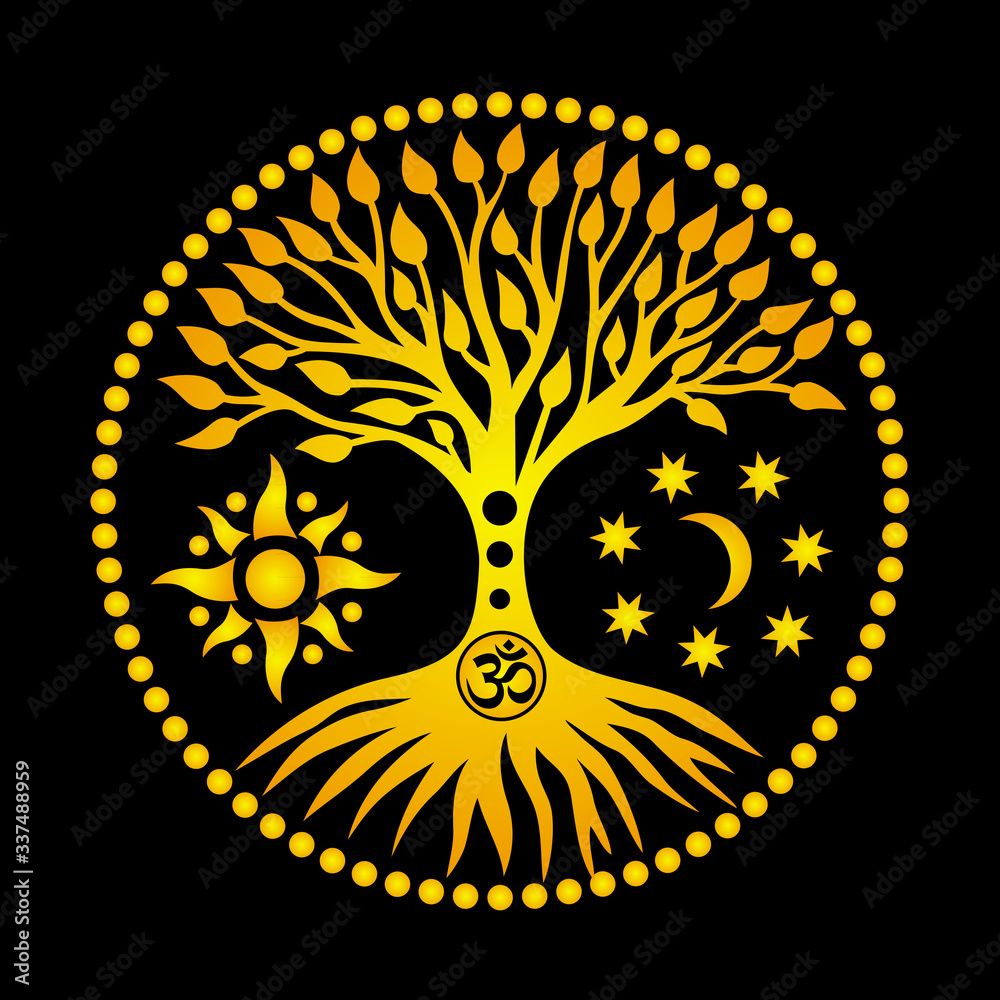 The tree of life with an om / aum/ ohm sign. Orange picture on a black ...