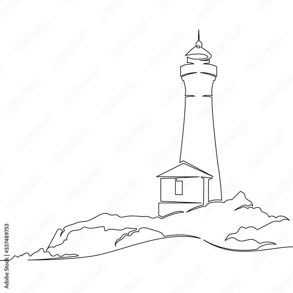 continuous single drawn line art doodle sea, beach, lighthouse Stock ...