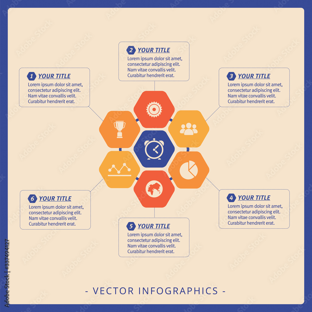 Editable infographic template of hexagon diagram with icons, titles and ...