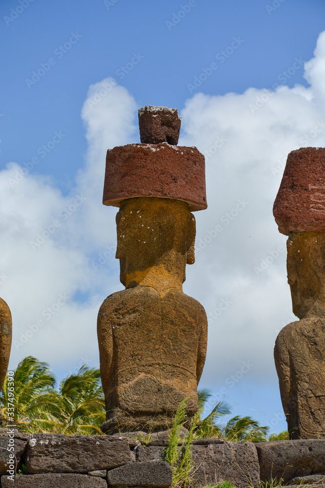 Maoi statues with Pukao, topknots, at Hanga Rau, Rapa Nui, Easter ...