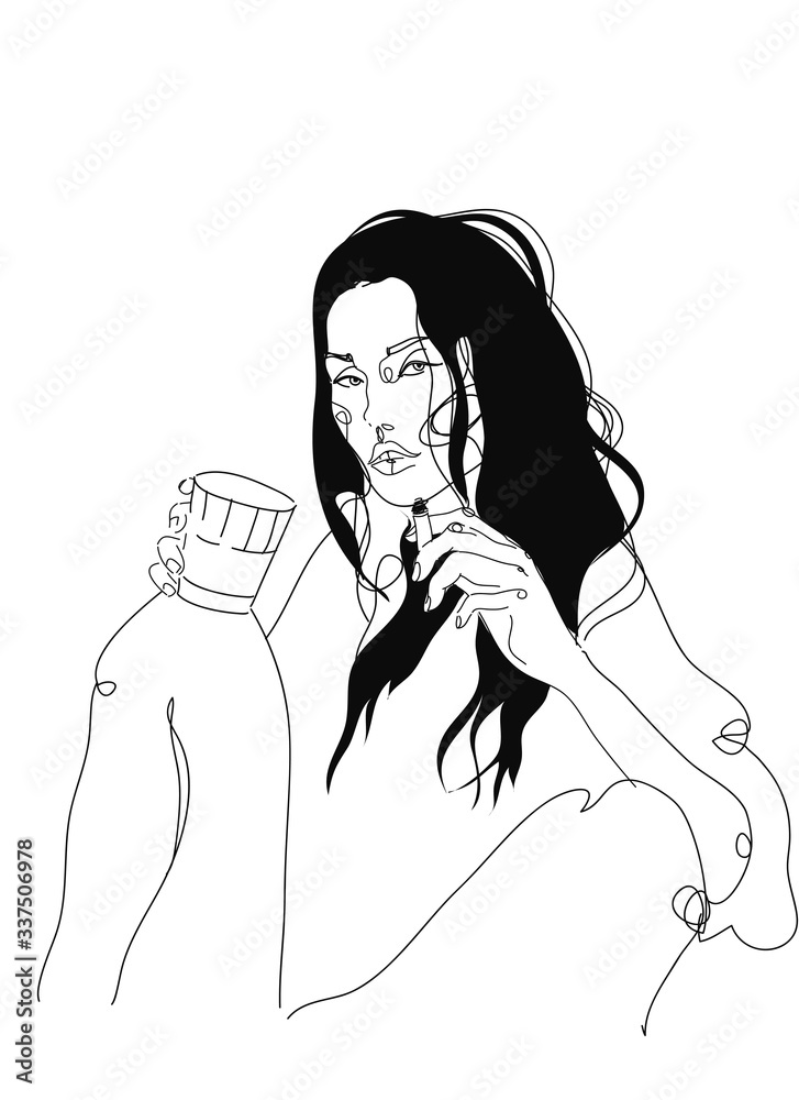 Line art portrait beautiful girl drinking. Continuous line, drawing of ...