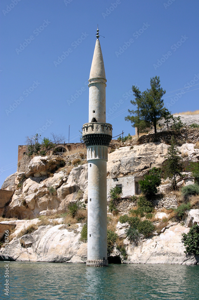 Minaret at sunken village Savasan in Euphrates River (Firat), Halfeti ...