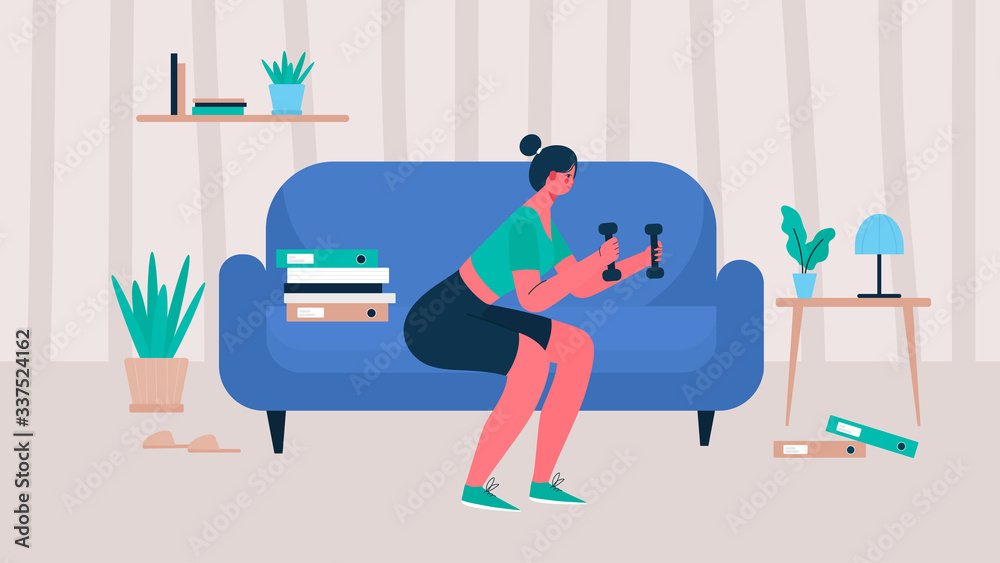Woman in sportswear doing exercise squat with dumbbells at home. Woman ...