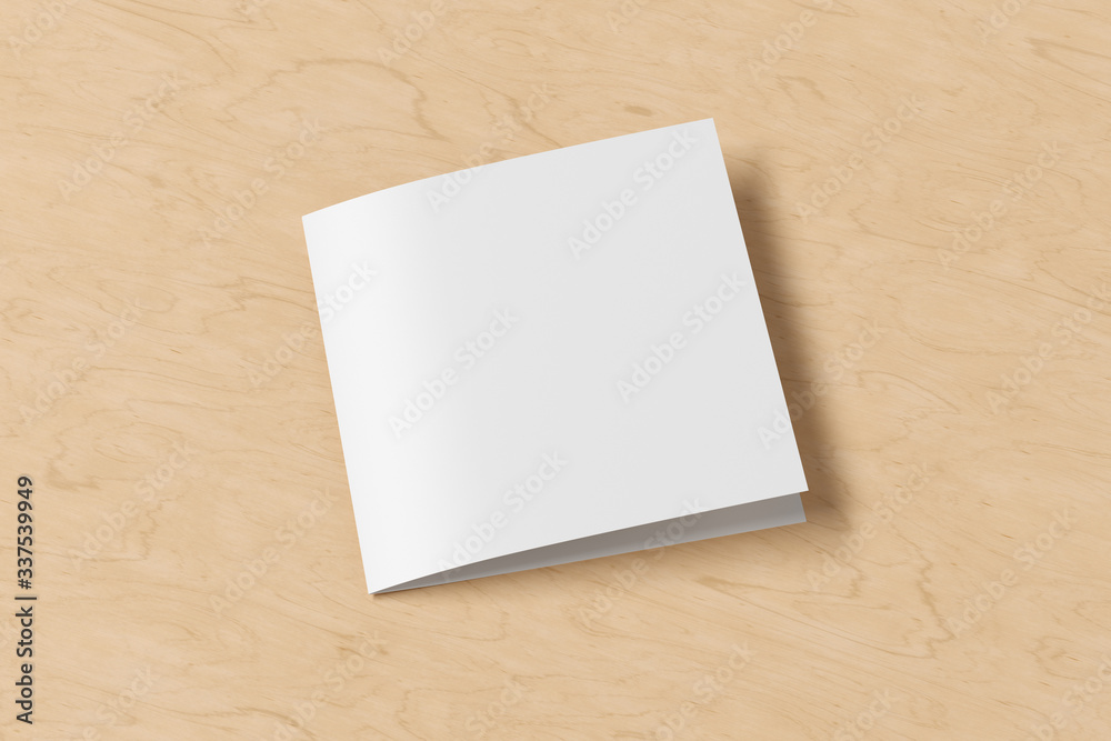 Blank square pages leaflet on wooden background. Bi-fold or half-fold ...