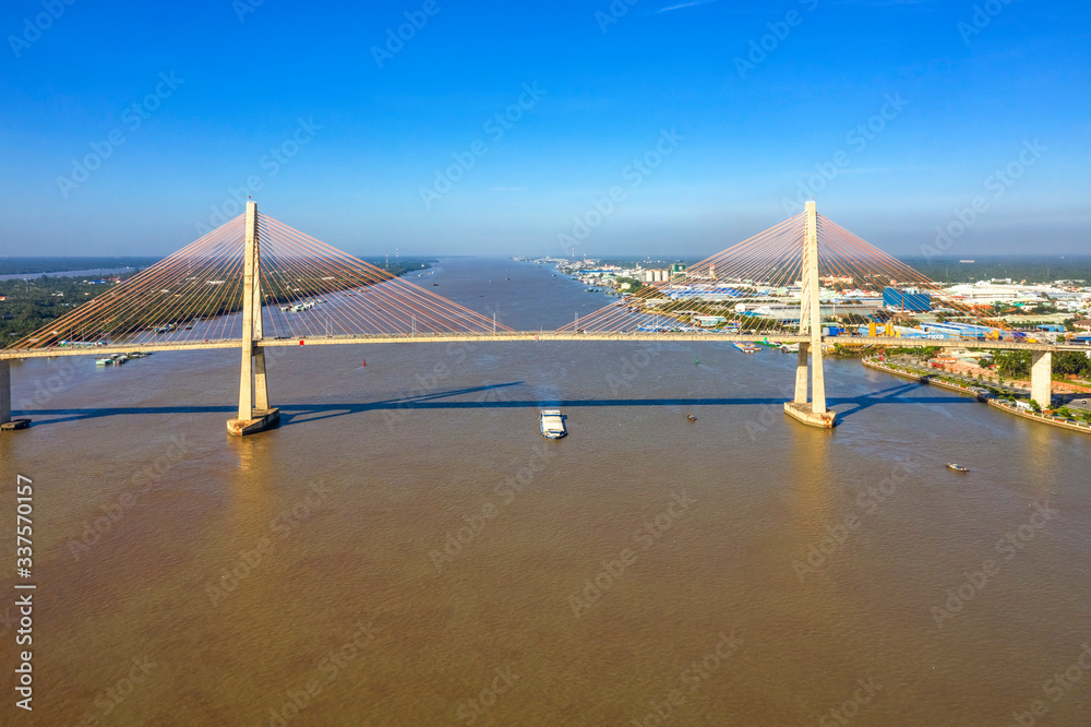 Aerial view of Rach Mieu Bridge, cable-stayed bridge connecting the ...