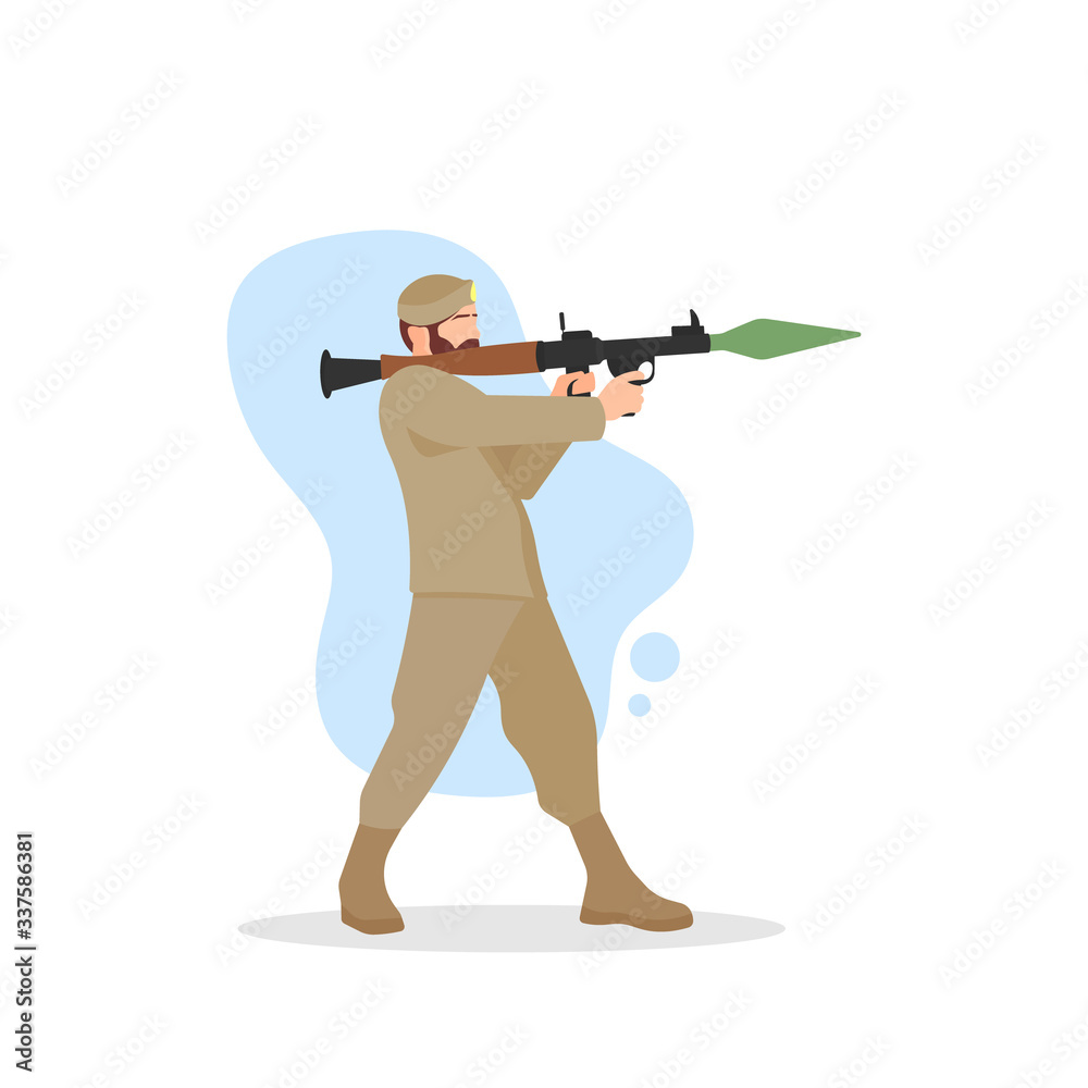 Military soldier holding and aiming rocket launcher concept. War zone ...