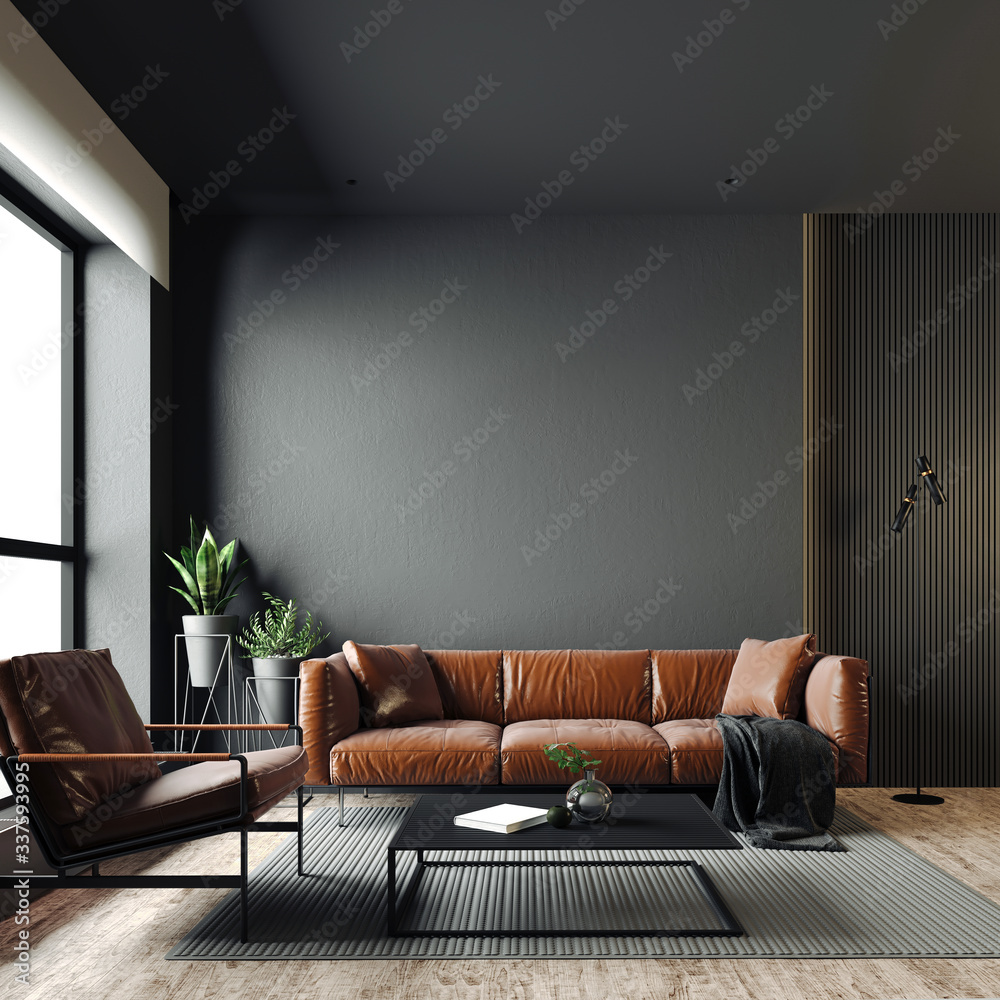 3d render of beautiful interior with dark gray walls Stock Illustration ...