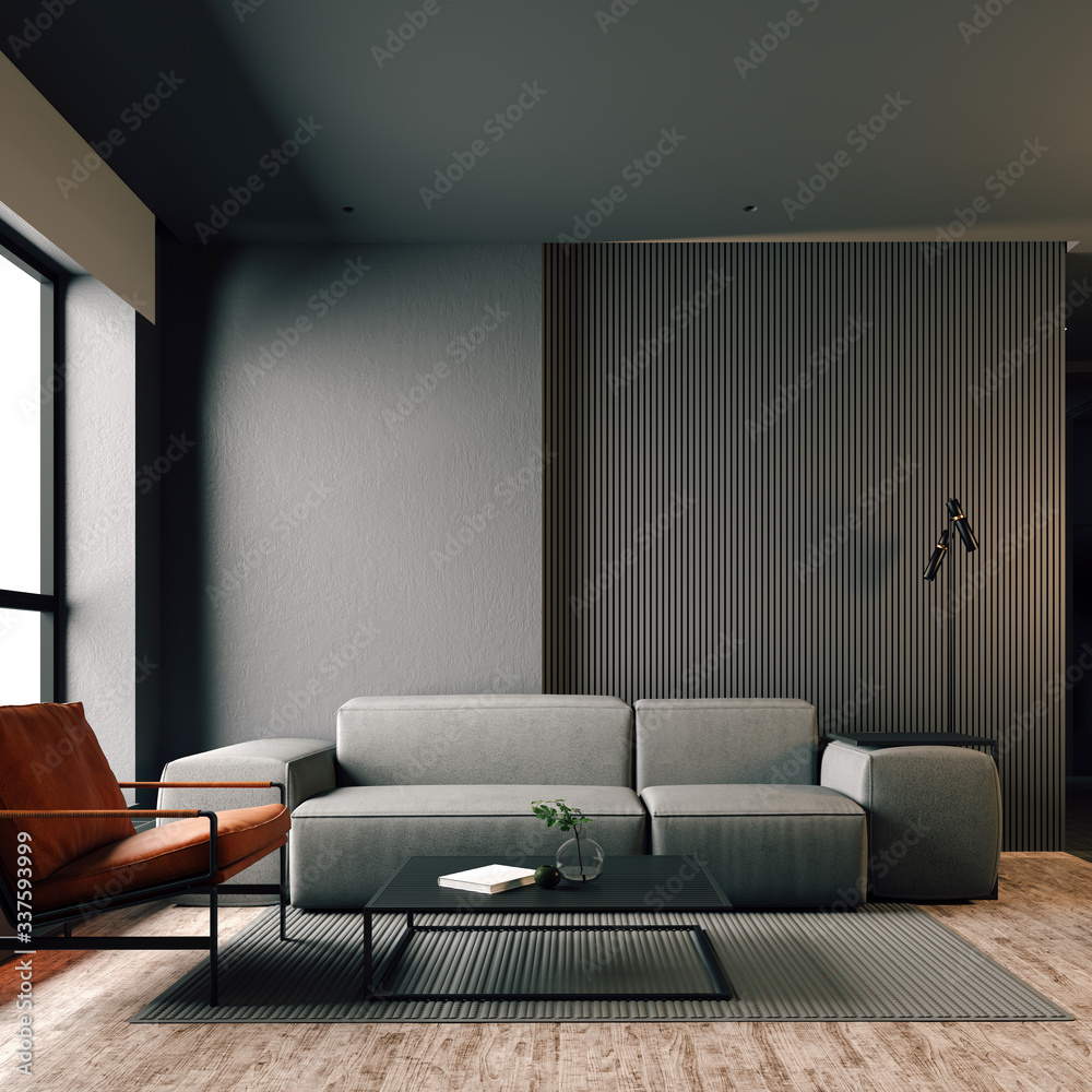 3d render of beautiful interior with dark gray walls Stock Illustration ...