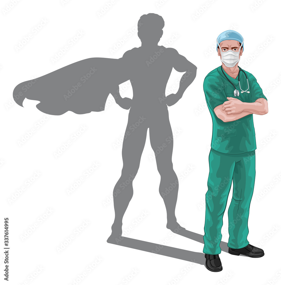A nurse or doctor super hero in surgical or hospital scrubs uniform ...