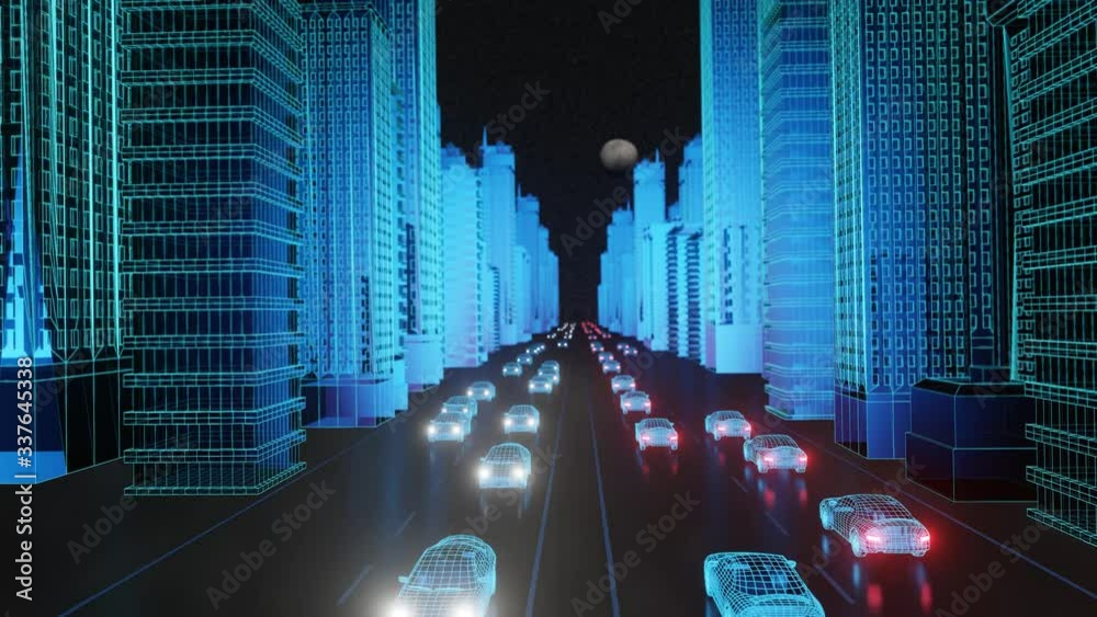 Seamless loop abstract hologram 3D city rendering with cars. Digital ...