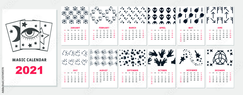 Magic calendar 2021. Monthly calendar 2021. Set of 12 months. Week ...
