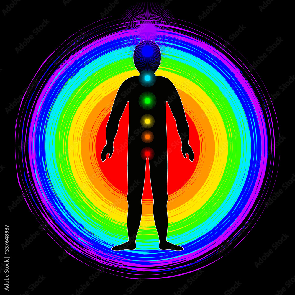 The aura of the body. Rainbow color marked layers of the male body ...