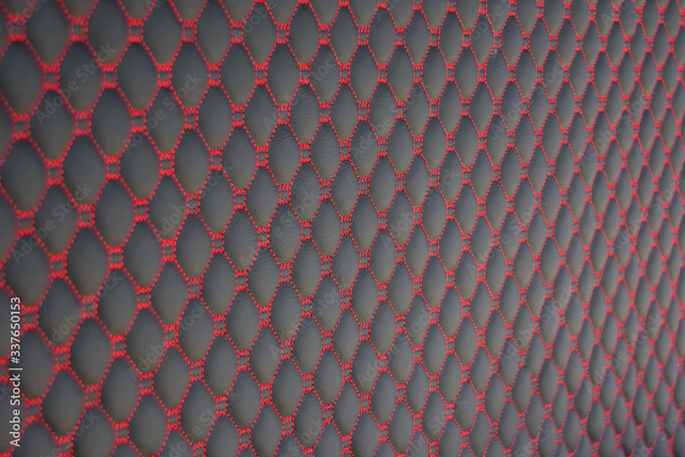 Perspective view of car interior black leather texture with red seams ...