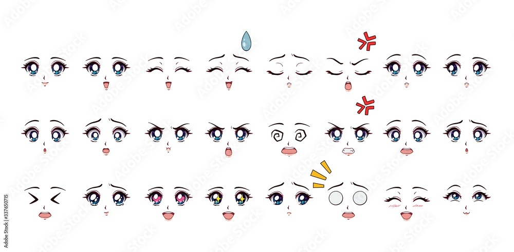 Set of cartoon anime style expressions. Different eyes, mouth, eyebrows ...