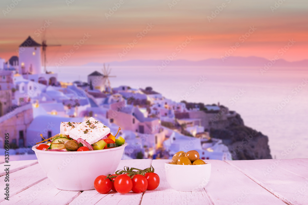 Greek food background. Traditional greek dishes with typical Santorini ...