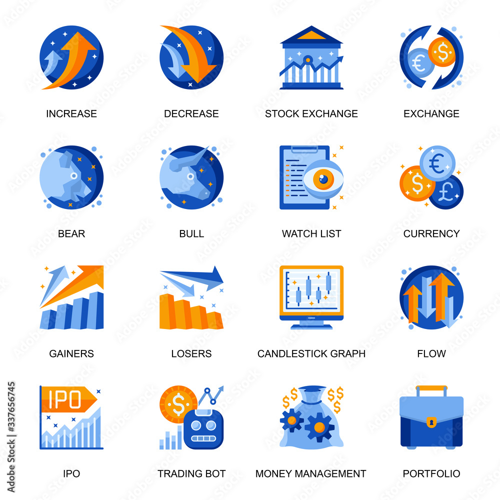 Stock trading icons set in flat style. Bear and bull market, currency ...