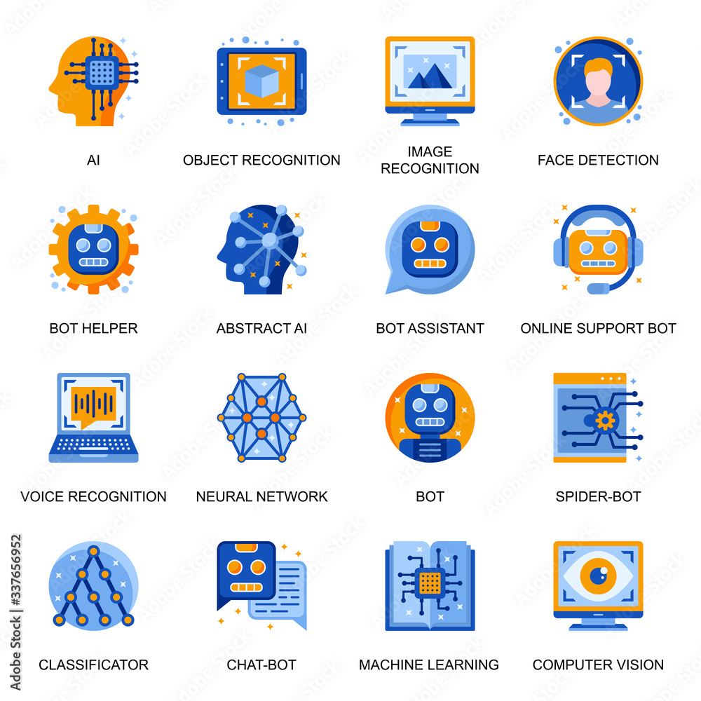 Artificial intelligence icons set in flat style. Image and voice ...