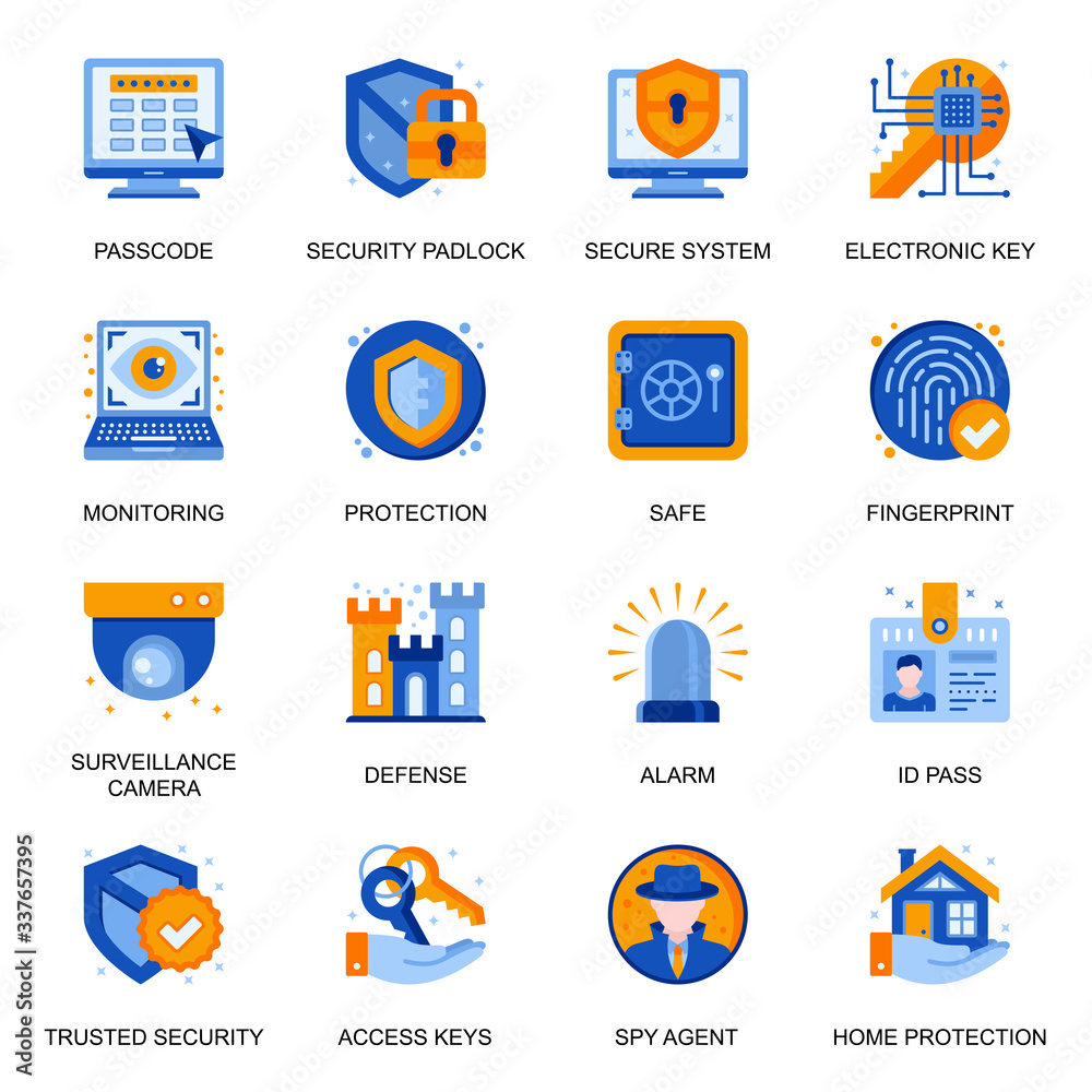 Security system icons set in flat style. Electronic key, surveillance ...