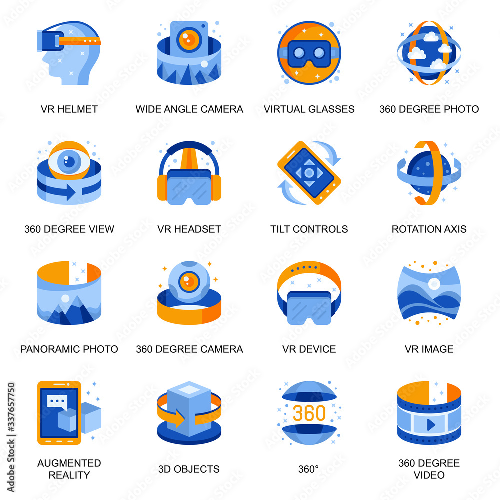 Virtual reality icons set in flat style. Wide angle camera, VR headset ...