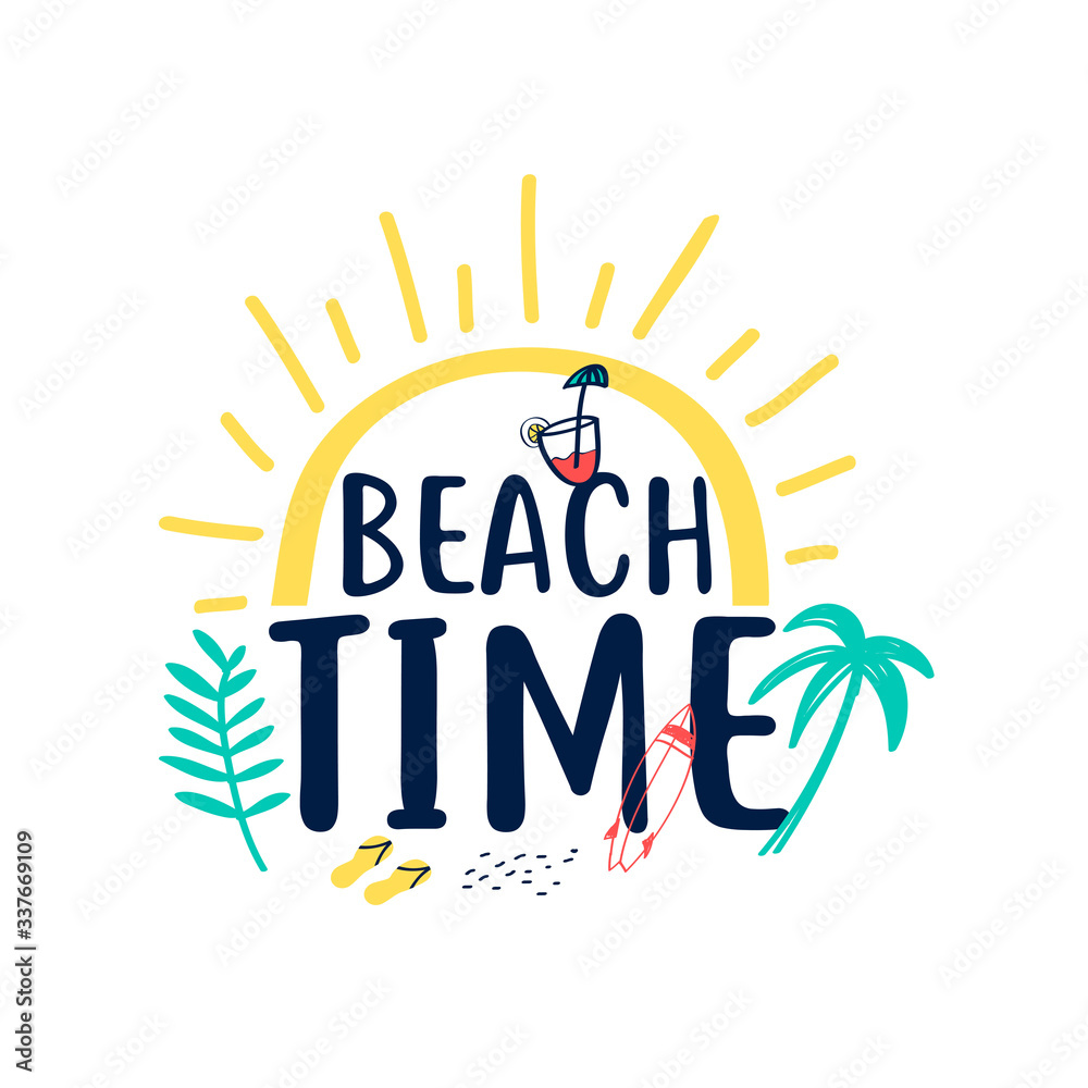 Beach time slogan and hand drawing cute icons vector for print design ...