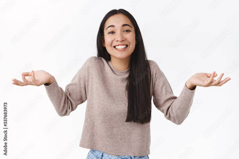 Careless and unbothered laughing happy asian woman with dark hair ...