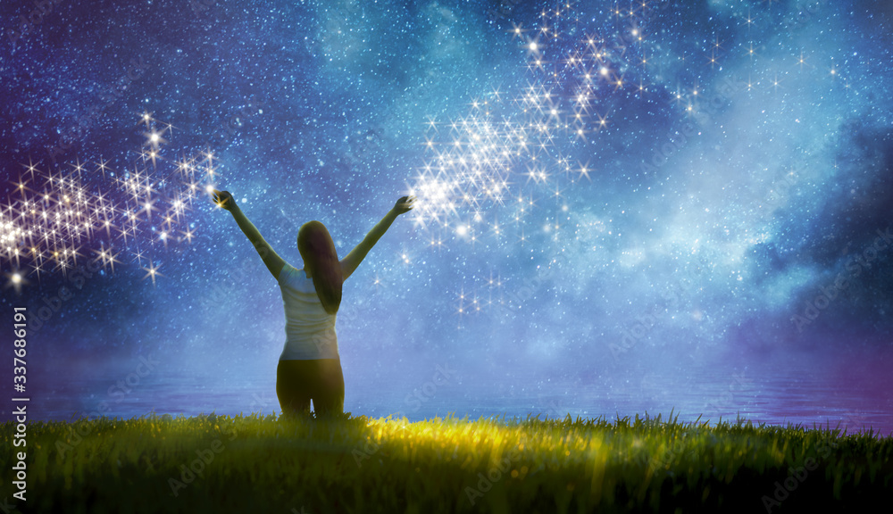 Girl watching the stars in night sky fantasy landscape Stock ...