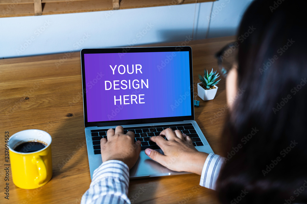 Computer mockup white background on desk. Laptop blank screen with ...