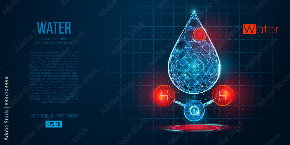 Abstract silhouette of the polygonal water on blue background. Chemical ...