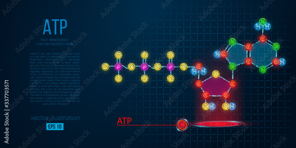 Abstract silhouette of the polygonal molecule ATP acid on blue ...