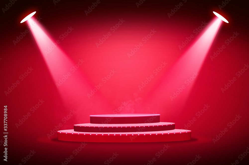 Red Stage Podium with lighting, Stage Podium scene with for Ceremony of ...