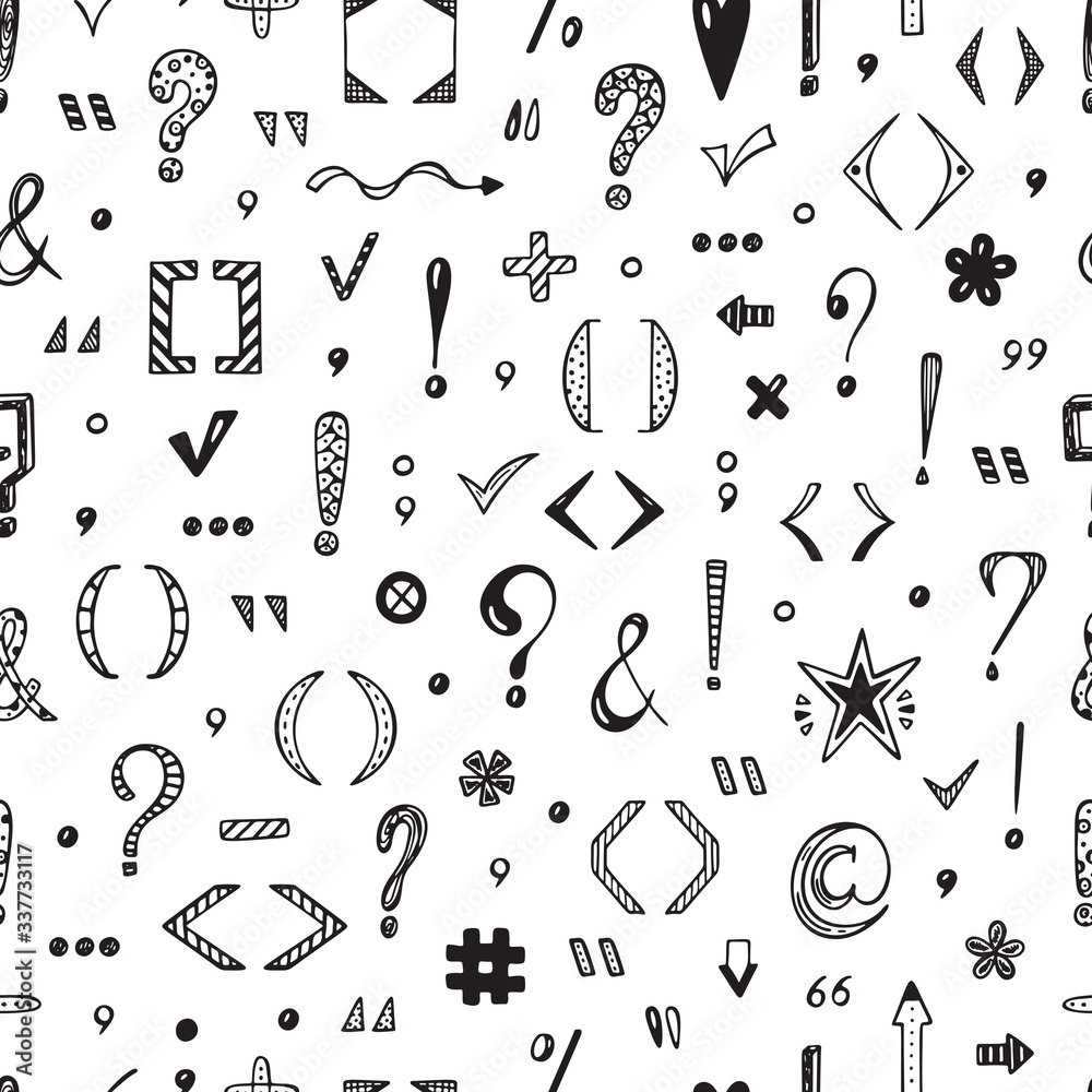 Punctuation marks Vector Seamless pattern. Hand Drawn doodle Question ...