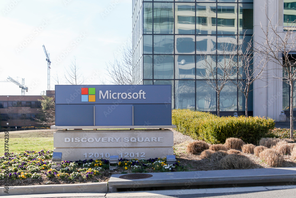 Reston, Virginia, USA- March 1, 2020: Sign of Microsoft Corporation ...