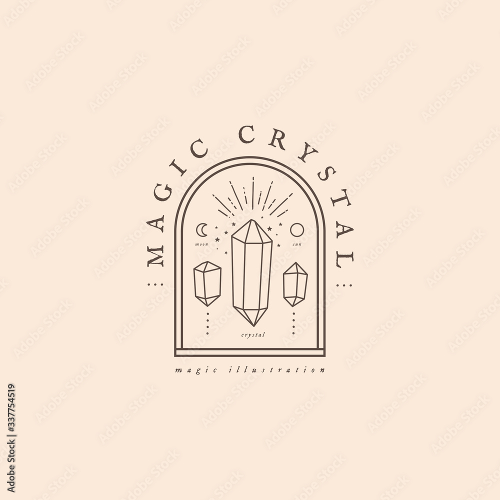 Logo template with magic shining quartz crystals in a trendy linear ...