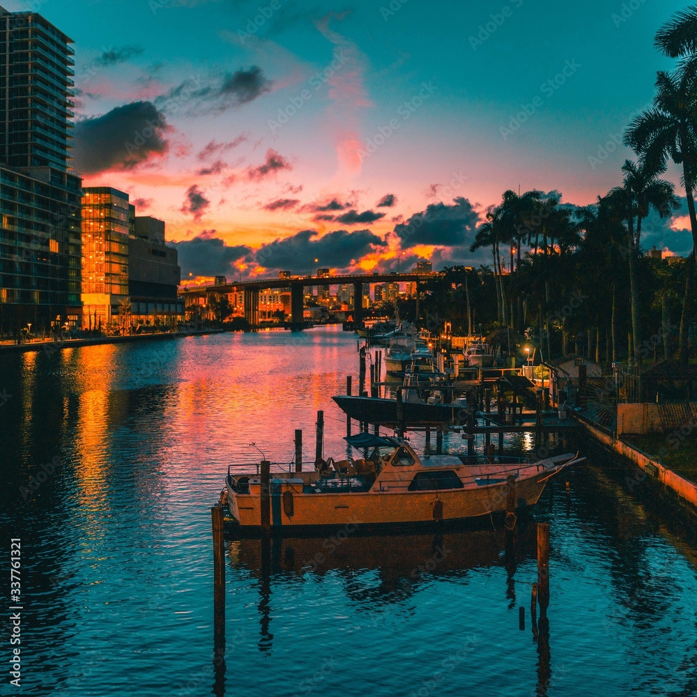 sunrise city water boat skyline buildings bridge sunset river sea miami ...