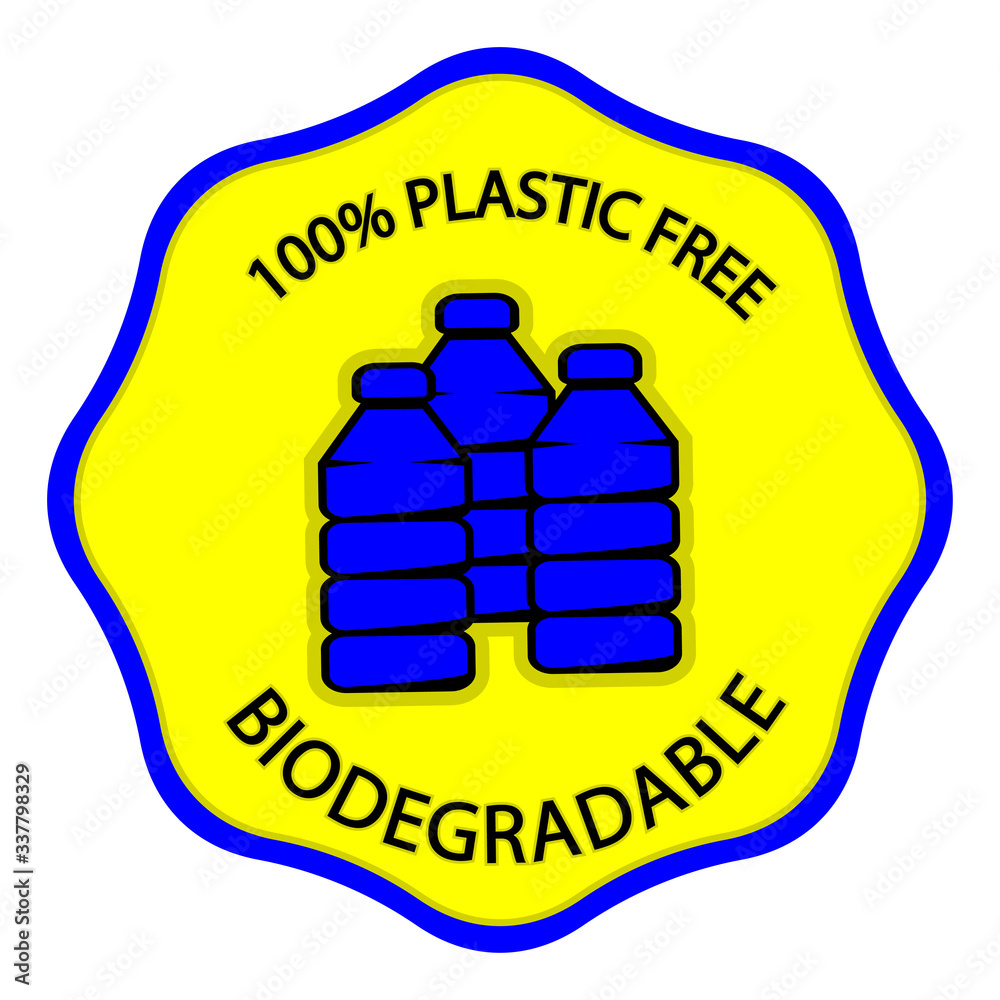 Biodegradable icon. Stamp with lettering 100% plastic free and ...