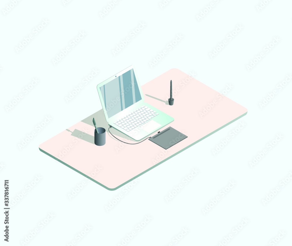 Flat isometric 3d technology designer minimal workspace. Concept vector ...