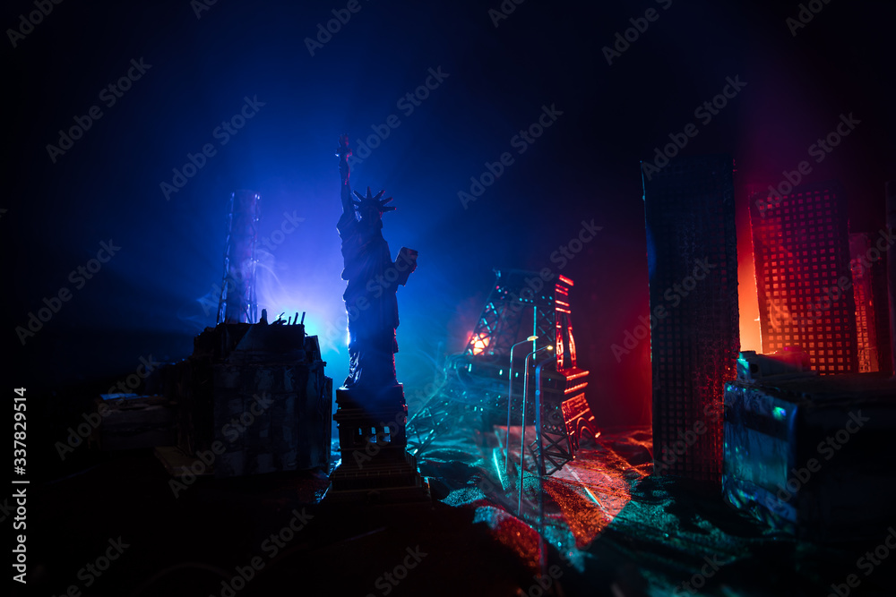 Empty street of burnt up city, flames on the ground and blasts with ...