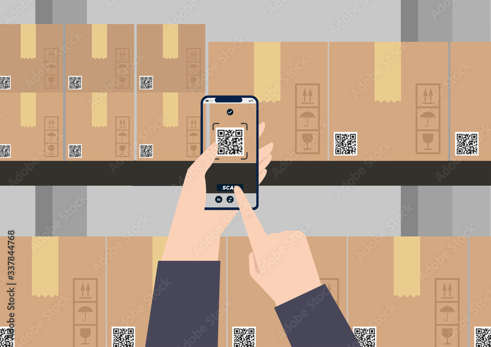 Vector illustration. Warehouse worker scanning barcodes. Stock Vector ...