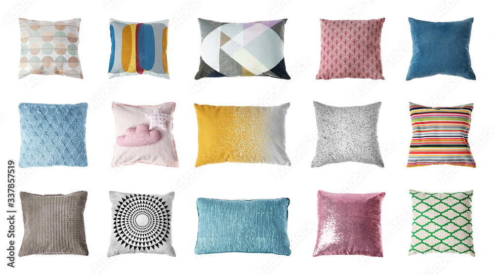 Set of different pillows on white background Stock Photo | Adobe Stock
