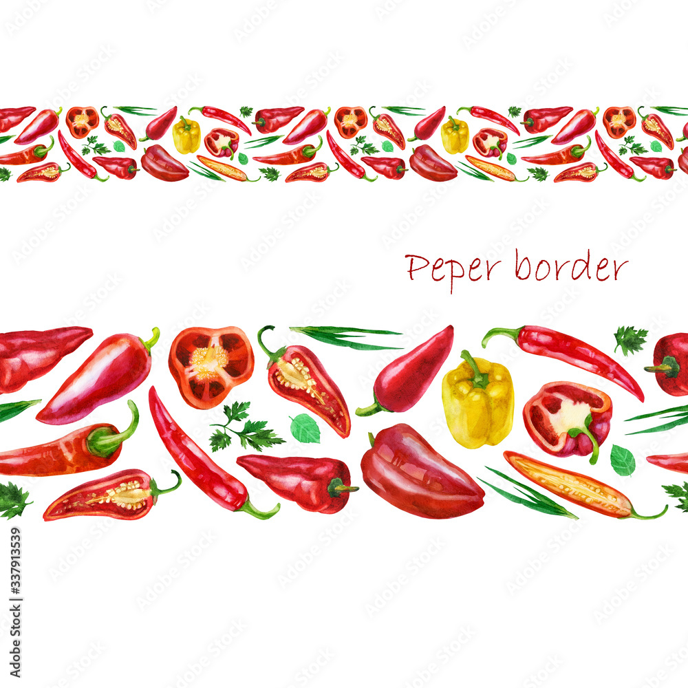 Watercolor illustration, border. Peppers of different types, bell ...